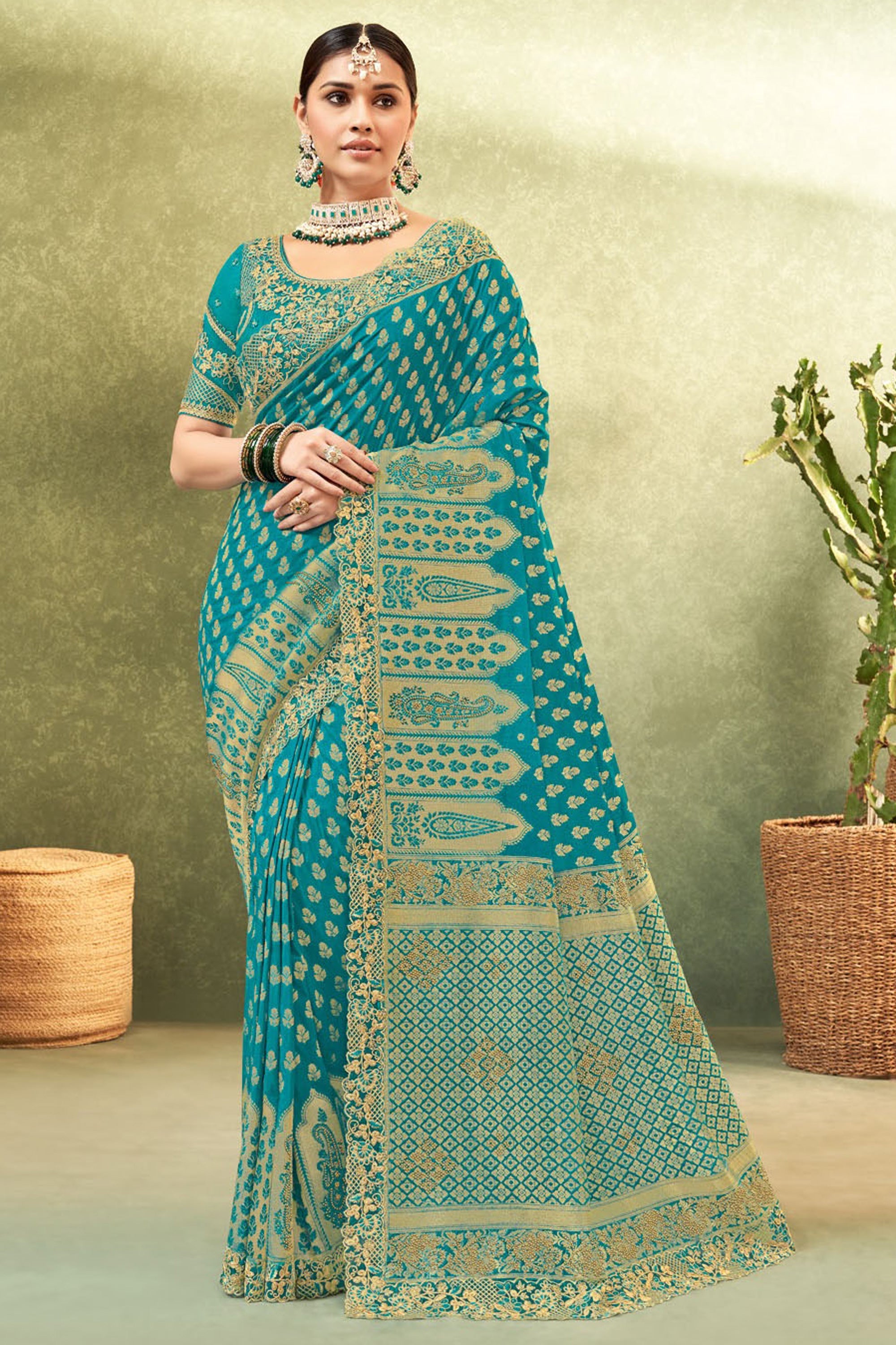 Weaving Work On Flamboyant Dola Silk Fabric Saree In Cyan Color ...