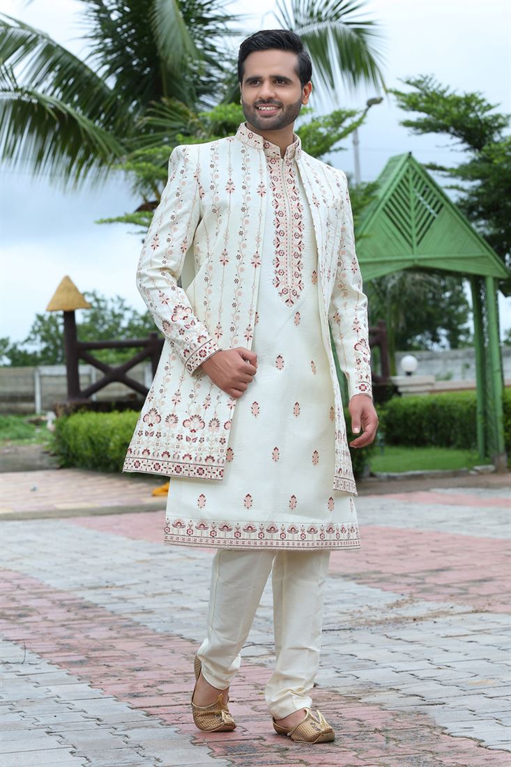 Pretty Silk Fabric Wedding Wear Readymade Men Groom Sherwani In White ...