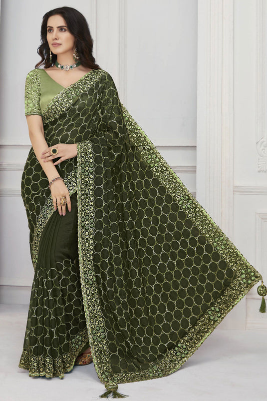 Buy Mehendi Green Color Tissue Fabric Coveted Saree With Embroidered ...