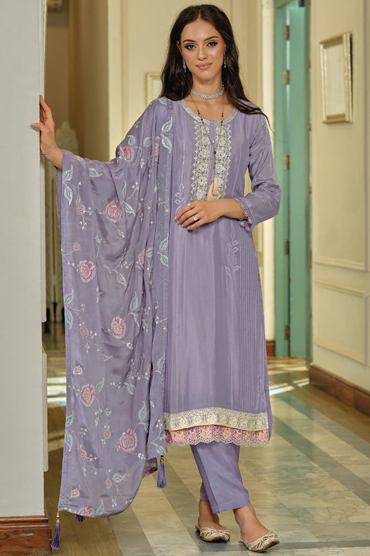 Lavender Color Festive Wear Embroidered Readymade Designer Salwar Suit
