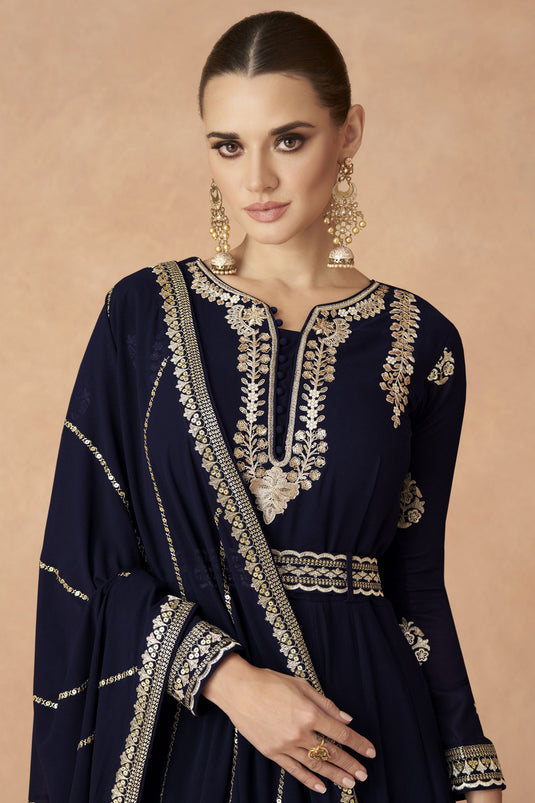 Buy Persian Navy Blue Color Georgette Fabric Embroidered Readymade Long ...