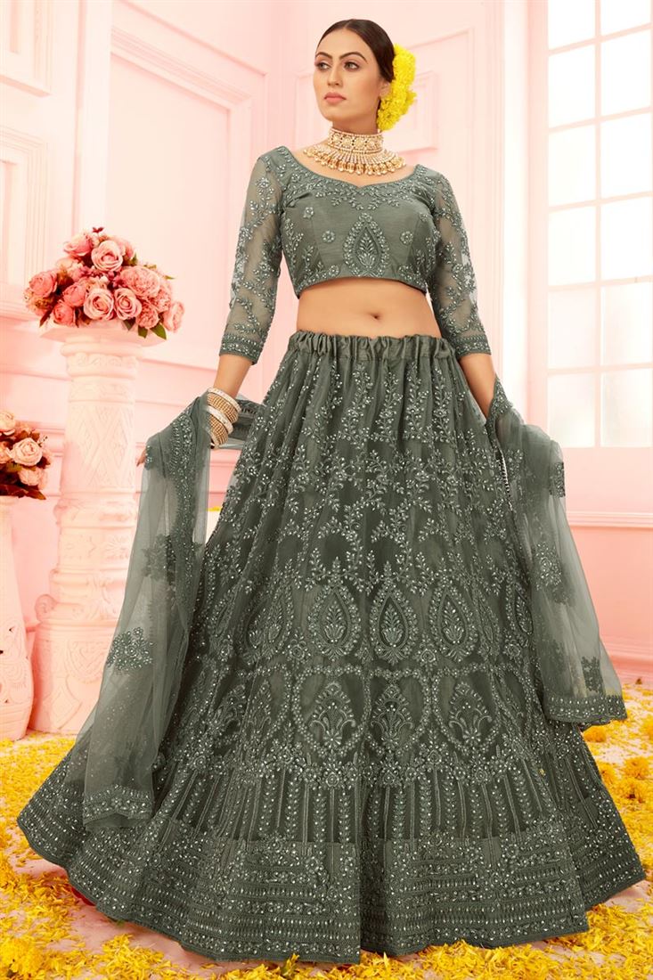 Buy Mehendi Green Color Embroidered Wedding Wear Lehenga Choli In Net ...