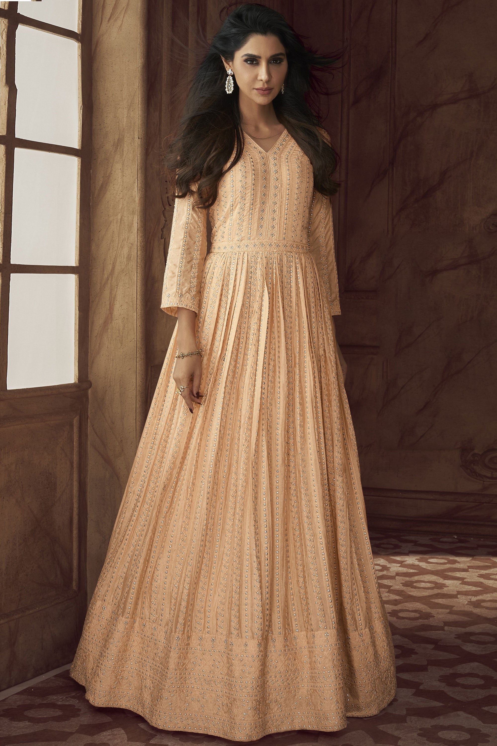 Dimple Sharma Peach Color Elegant Readymade Georgette Gown – Sarees Bazaar
