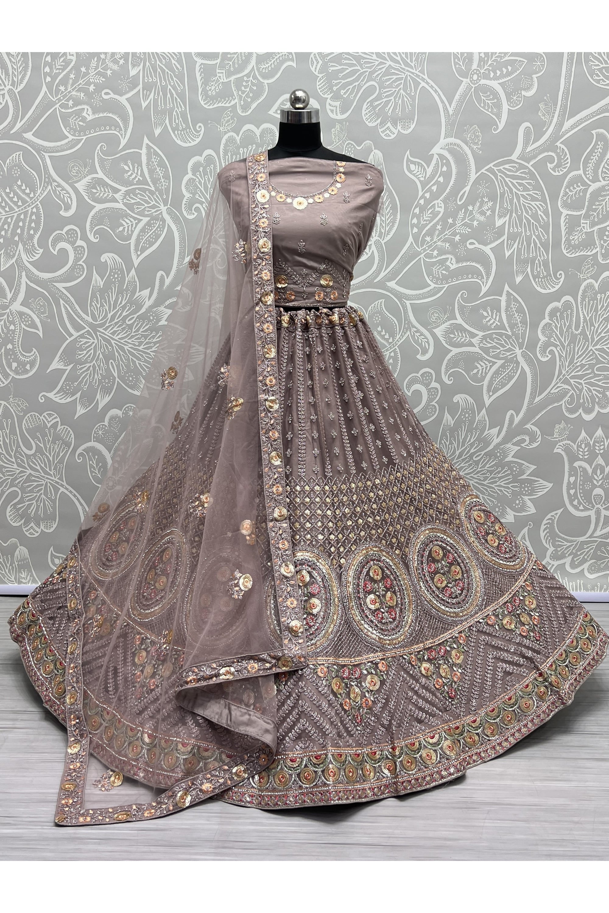 Embroidered Grey Color Bridal Lehenga In Net Fabric With Designer Chol ...